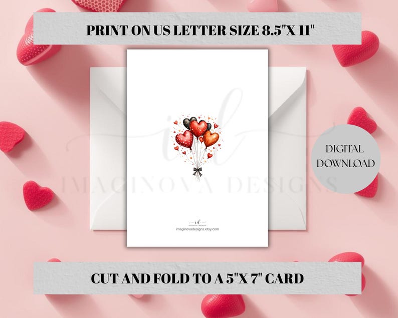 Heart Balloons Valentine's Day Card for Her (digital Download, 5x7 ...