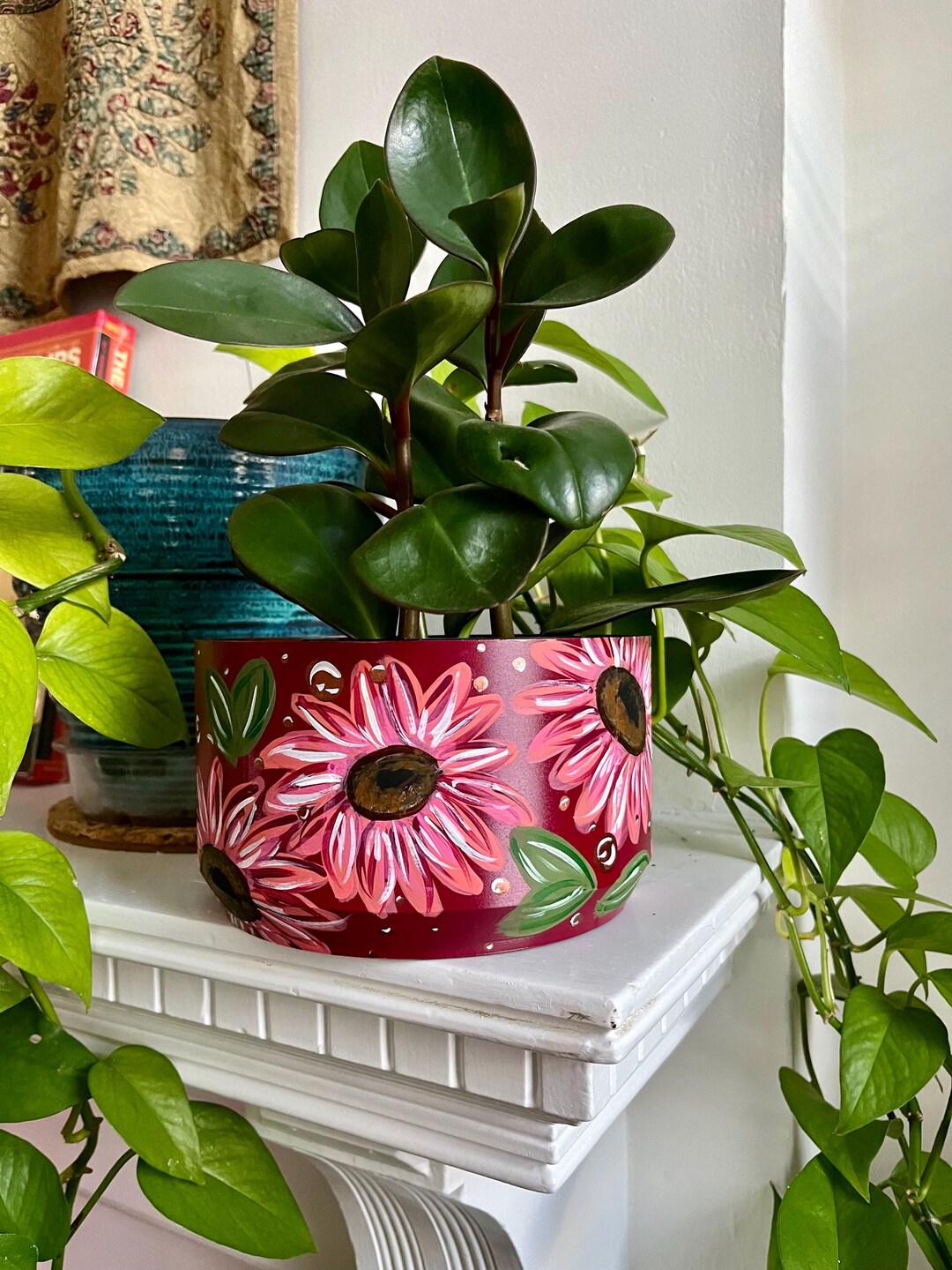 Hand-painted Sunflower Plant Pot: 6in Pink Floral Planter - Etsy