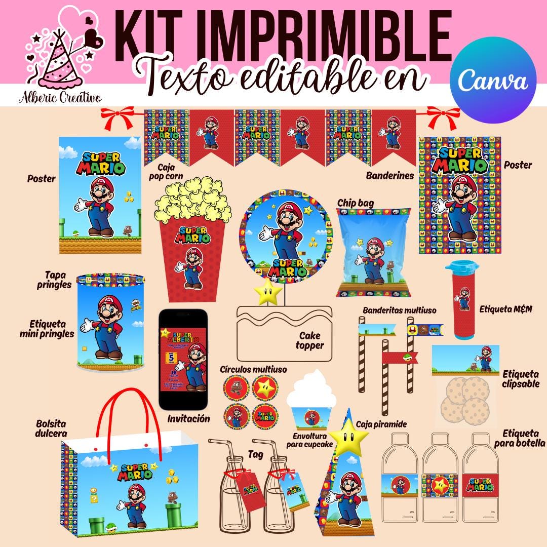 Super Mario Bros. Party Kit, Editable Text (canva, Instant Download) - Etsy