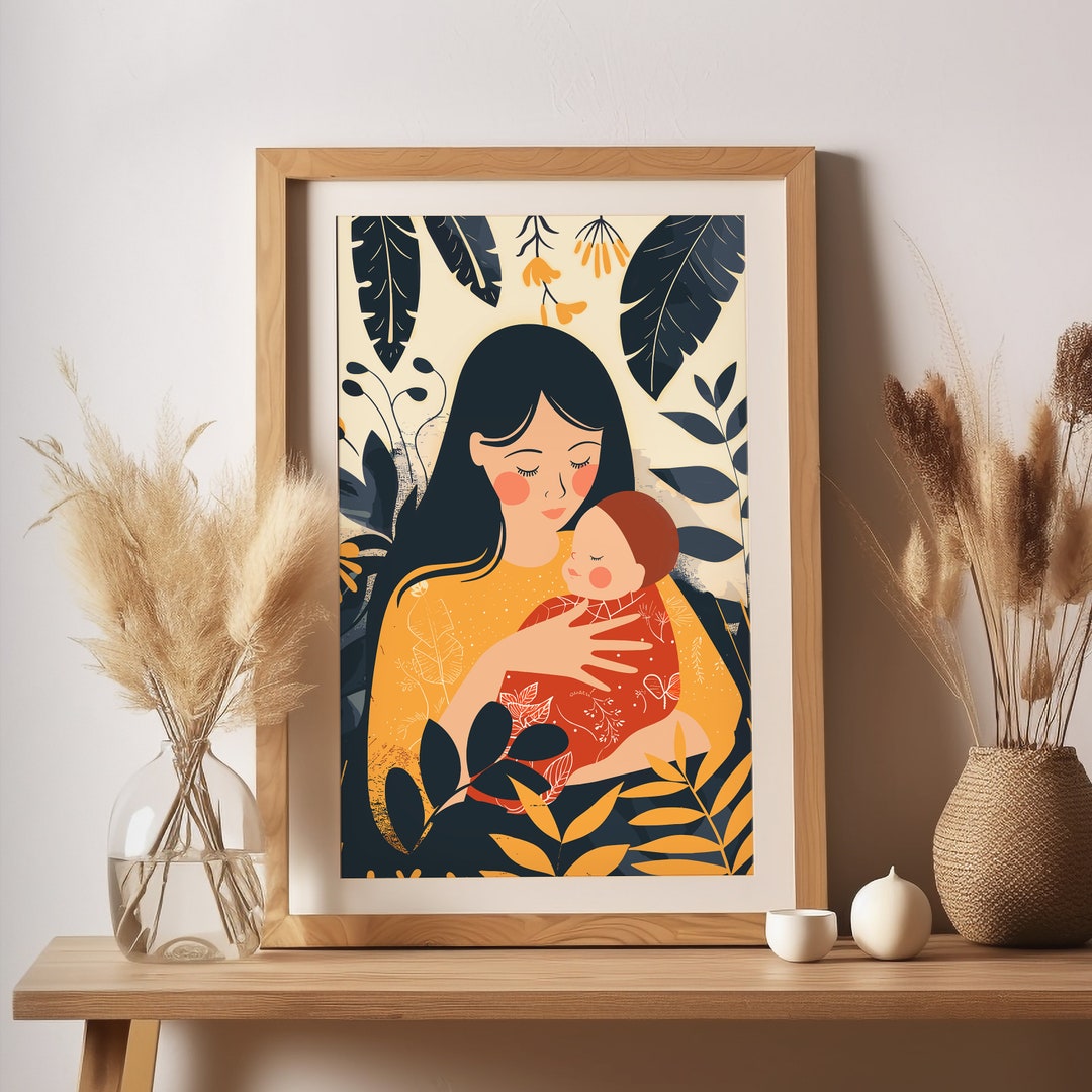 Mom With Baby Poster Nursery Print Mother and Son Mother Print Plant ...
