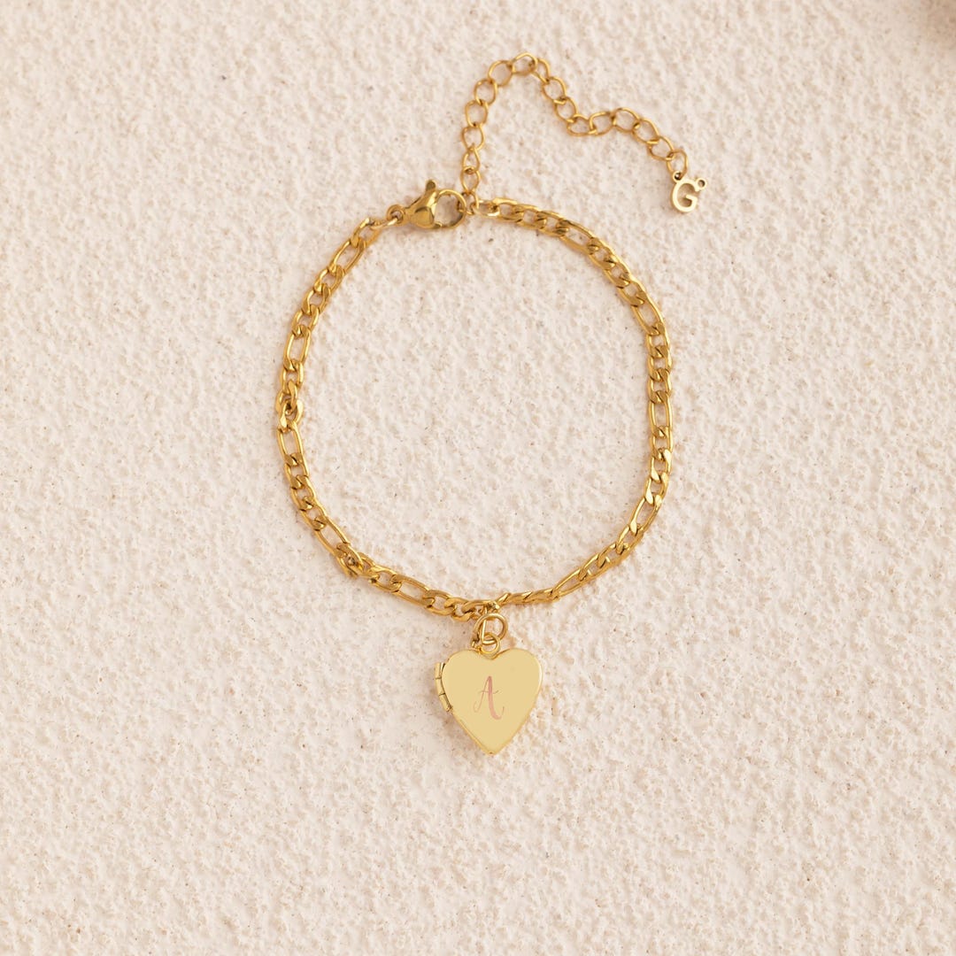 Personalised Heart Photo Locket Bracelet With Initial, Initial Engraved ...