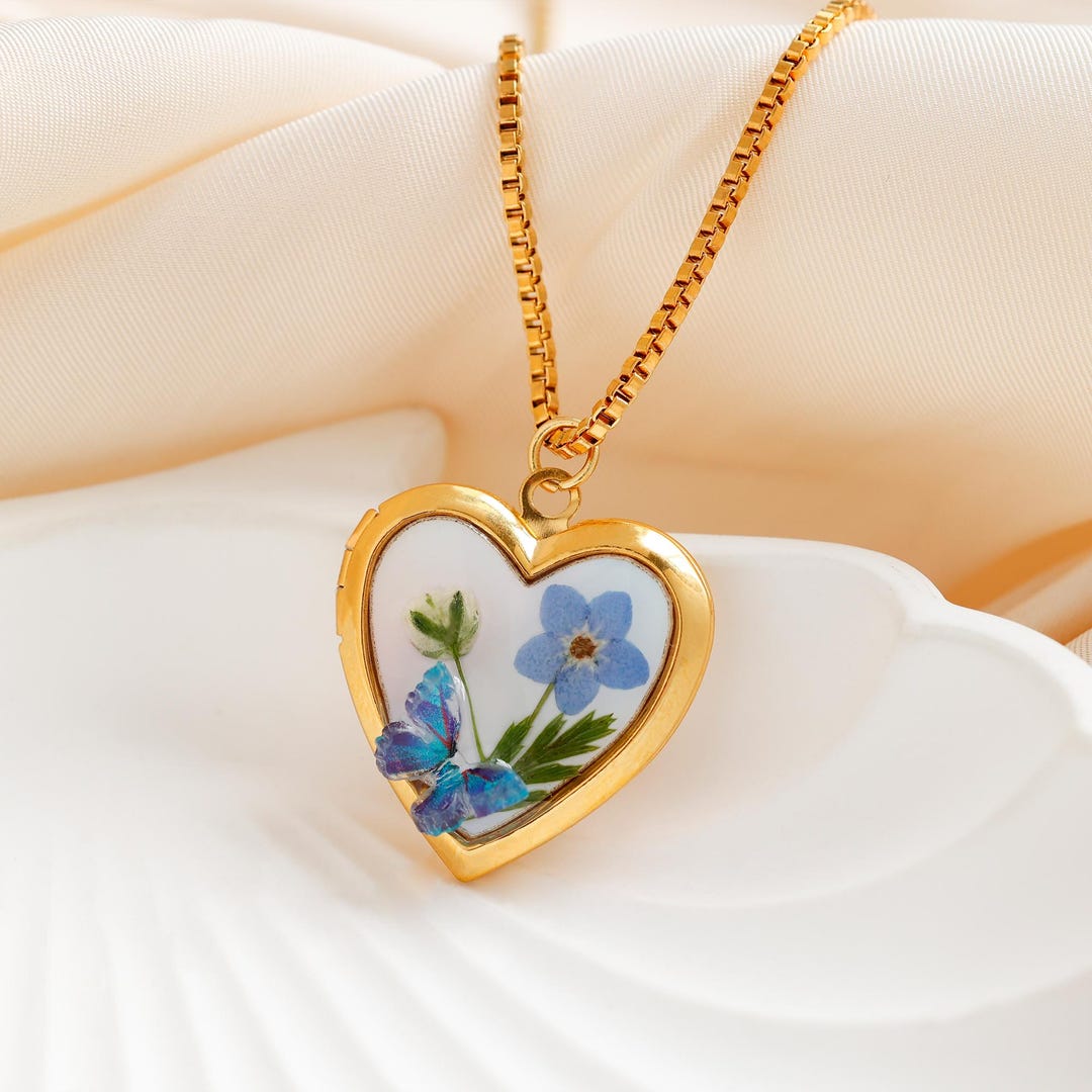 Forget Me Not Locket Necklace, Butterfly Locket Necklace, Custom Photo ...