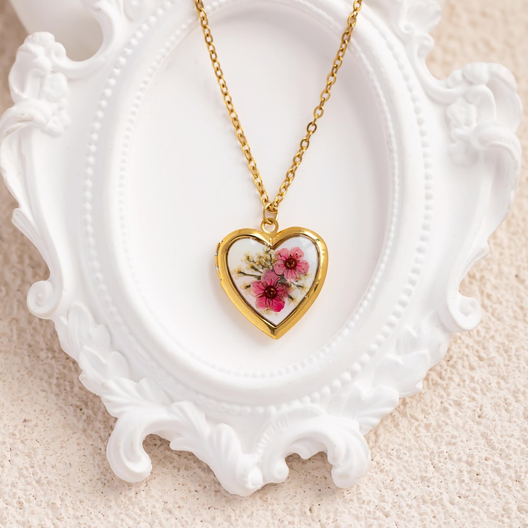 Handmade Forget Me Not Heart Necklace, Photo Locket Necklace, Memory ...