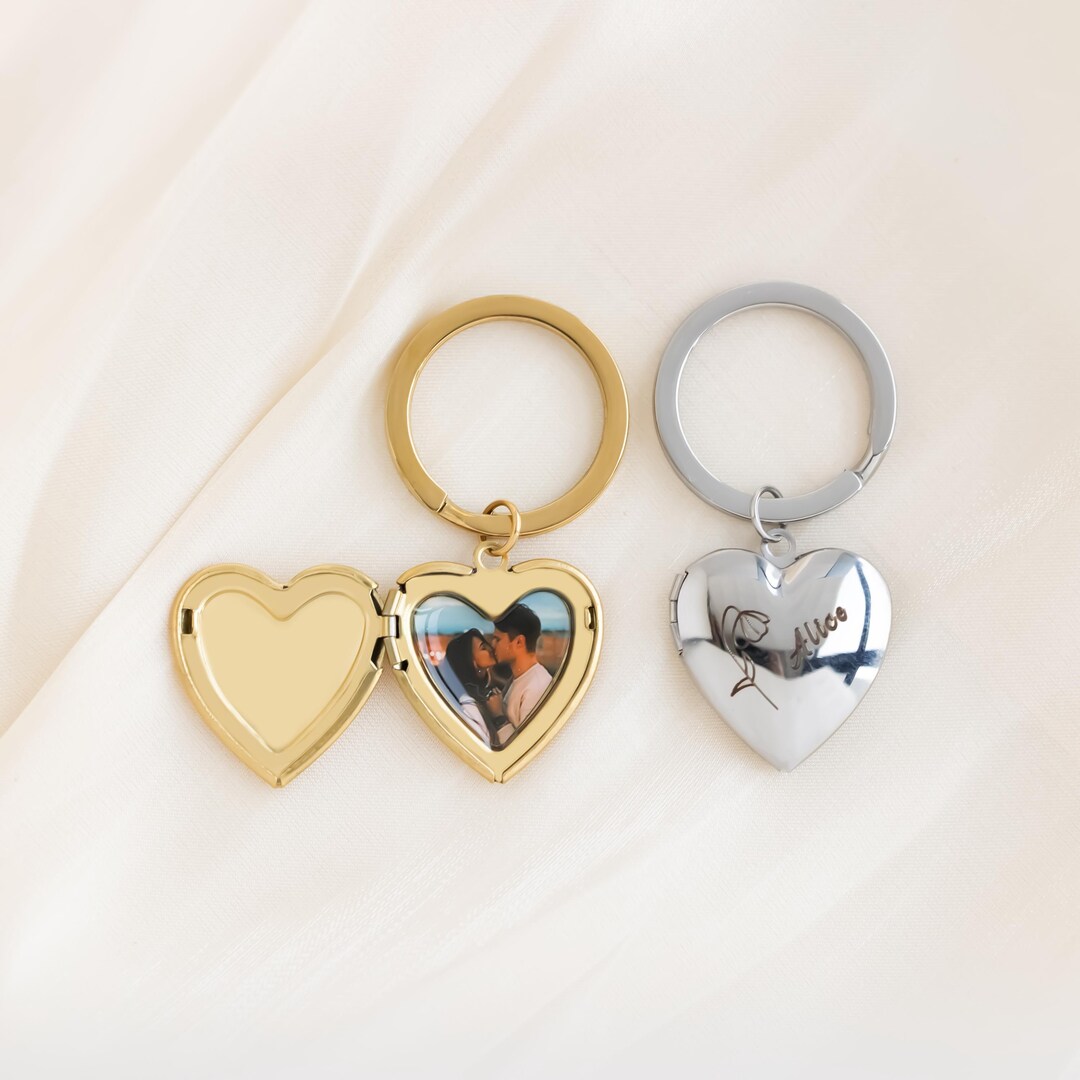 Personalized Birth Flower and Name Engraved Heart Keychain, Photo ...