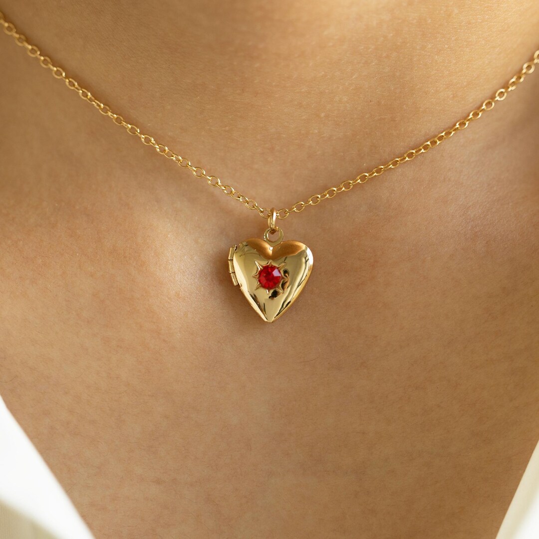 Mini Heart-shaped Birthstone Necklace With Photo, Photo Small Locket ...