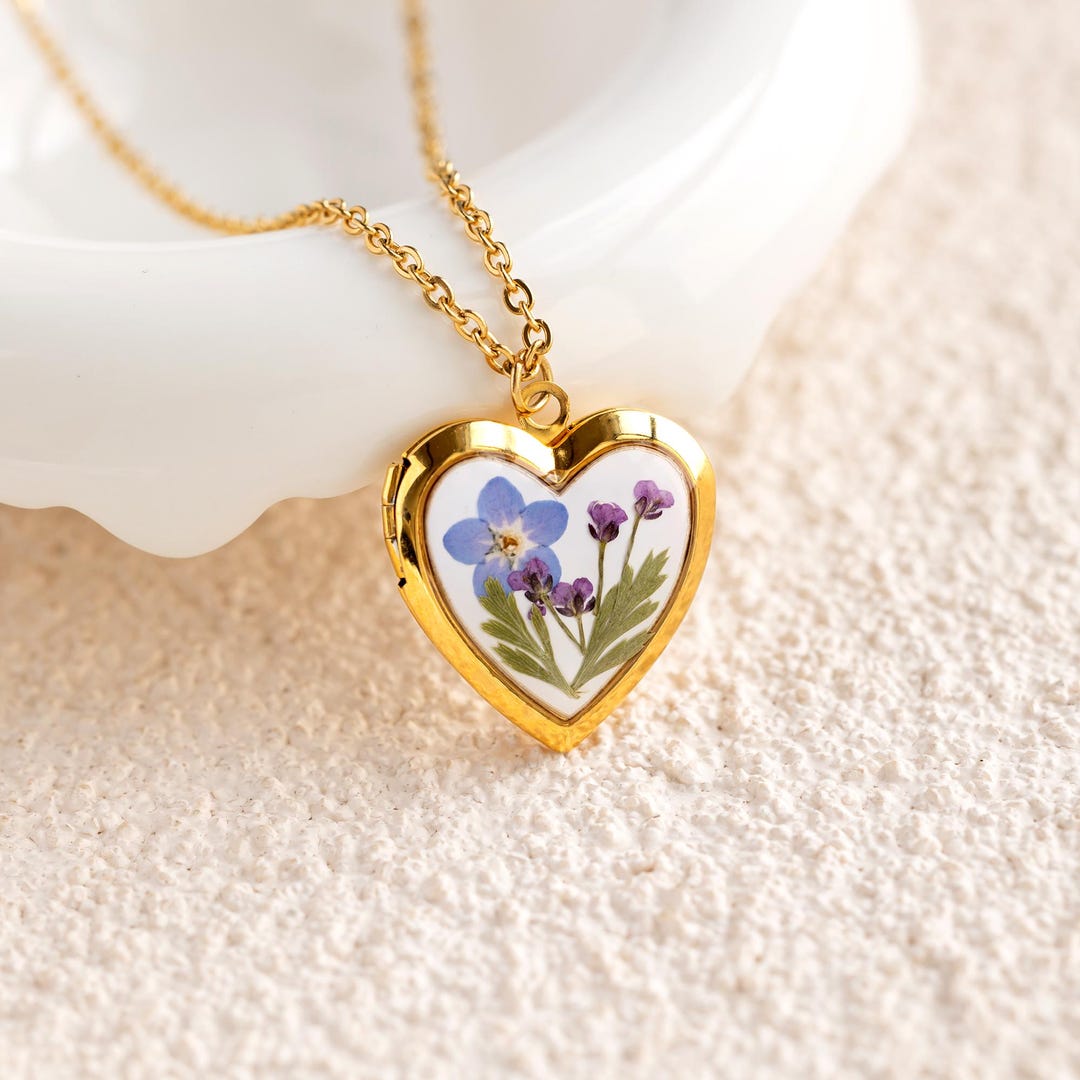 Custom Press Flower Necklace With Photo, Heart Necklace, Photo Necklace ...