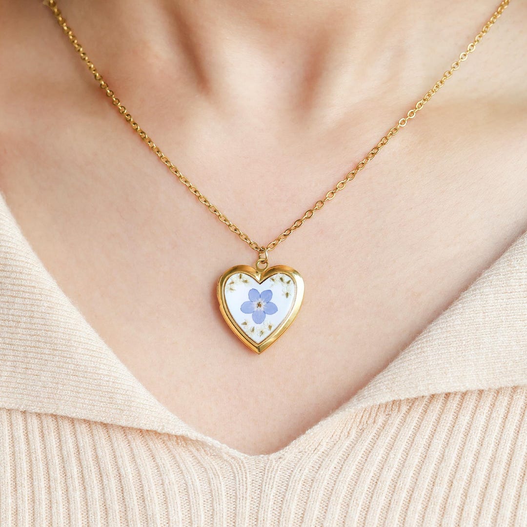 Forget Me Not Heart Locket Necklace, Heart Photo Pendant Necklace ...