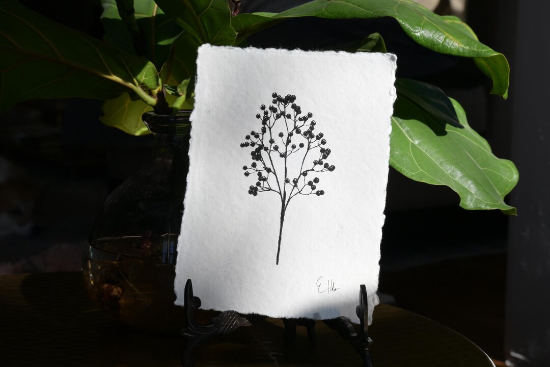 Cherry Tree Pen Drawing on Handmade Paper Vintage Floral Wall Art ...