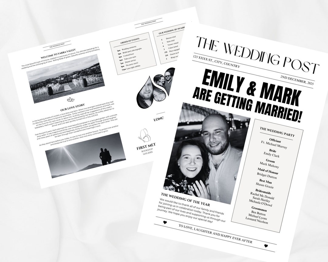 Newspaper Wedding Program Template, Editable Wedding Newspaper Program ...