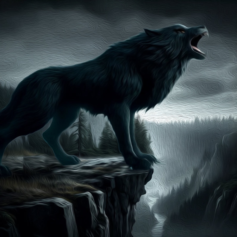 Black Dire Wolf Howling on Cliff - Mystical Forest Art Print!! - Etsy