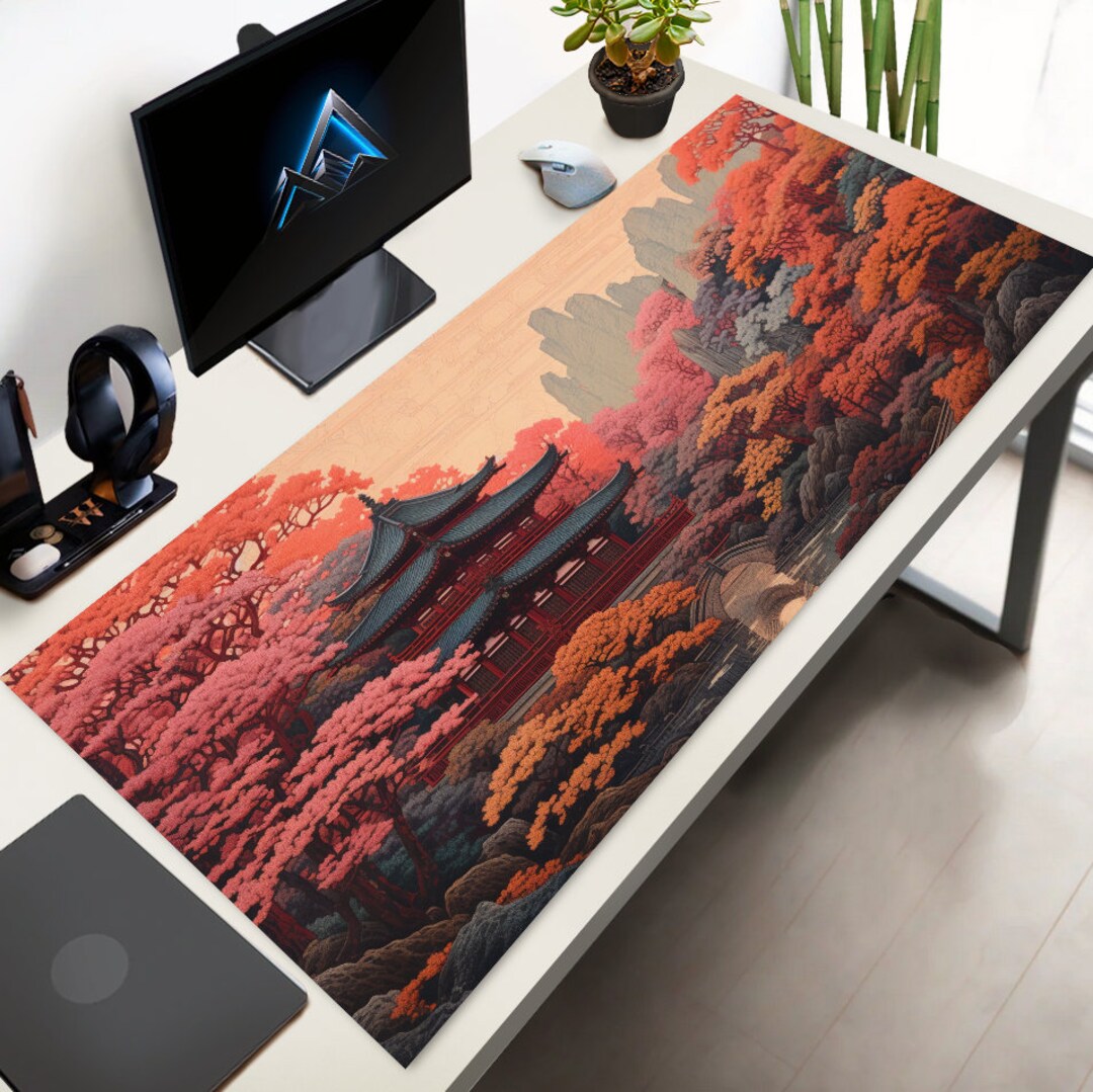 Retro Japanese Desk Mat, Japanese Temple Desk Mat, Sakura Forest Desk ...