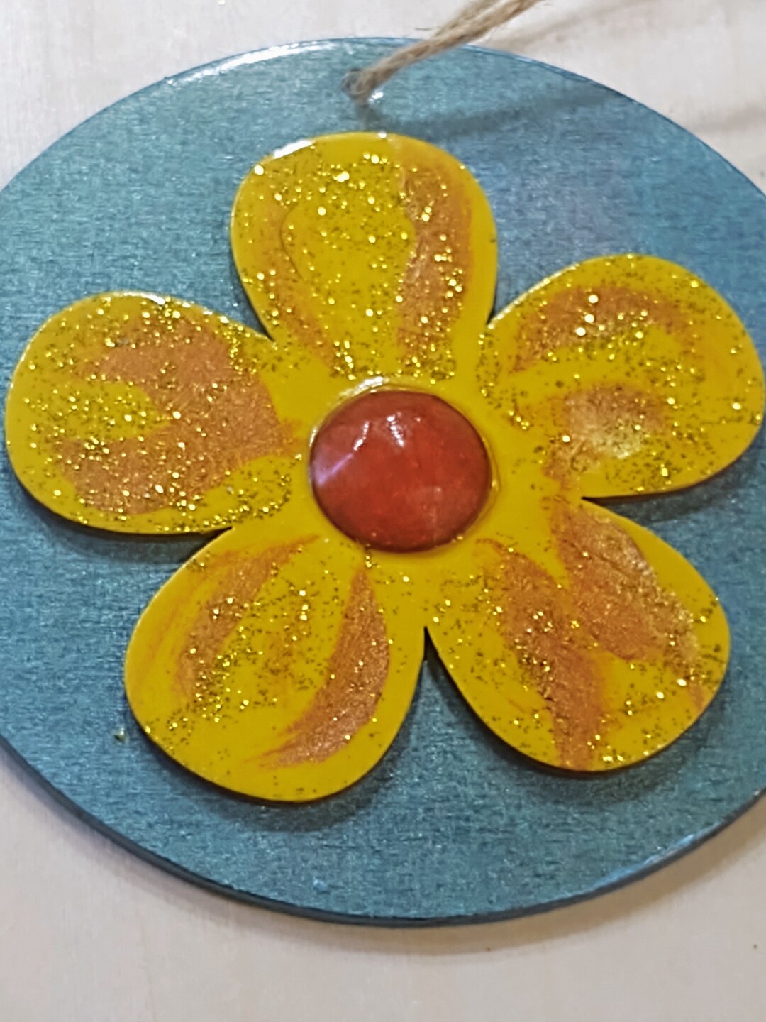 Handmade Wooden Yellow/red Flower on Turquoise Background Design Piece ...