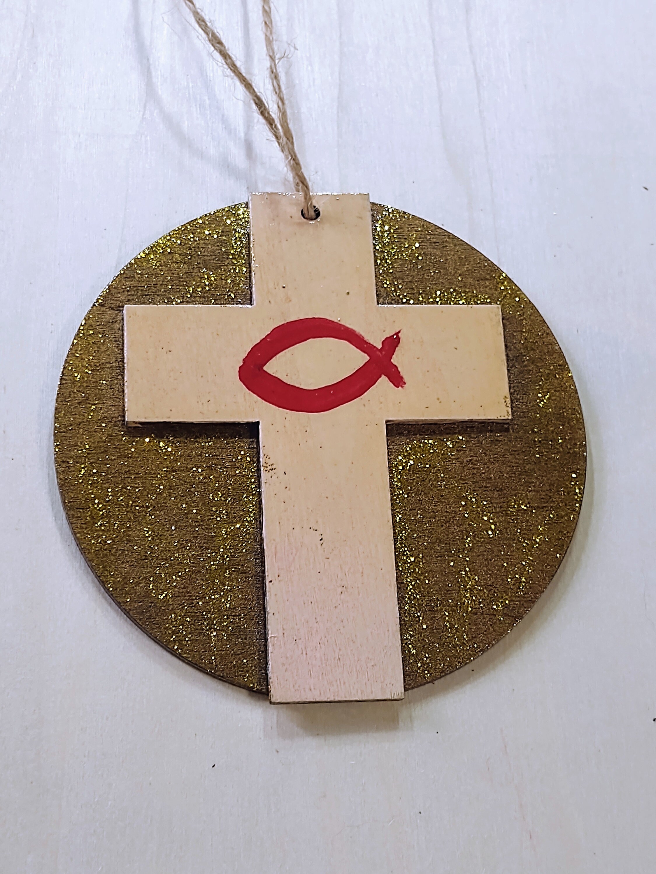 Handmade Wooden Tan Cross With Fish Sign on Gold Glitter Background ...