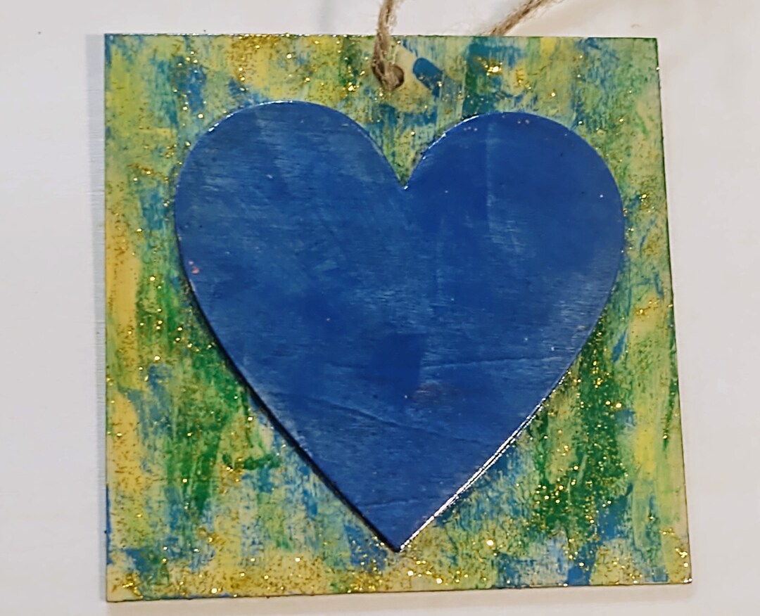 Handmade Blue Wooden Heart With Colorful Green Background Design Piece ...