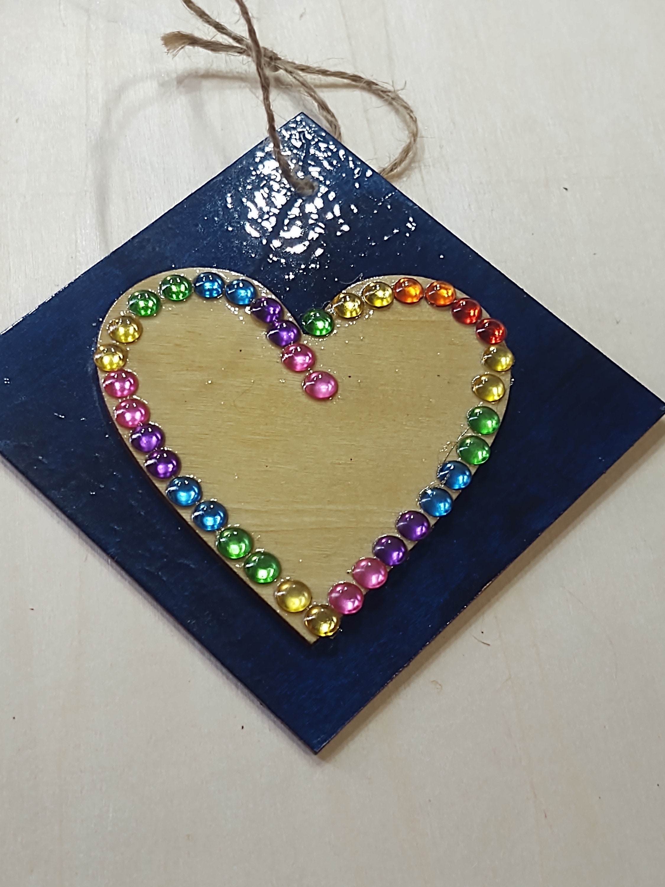 Handmade Wooden Natural Wood Heart Outlined With Multi-colored Gems on ...