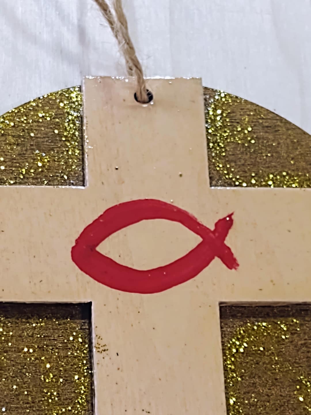 Handmade Wooden Tan Cross With Fish Sign on Gold Glitter Background ...