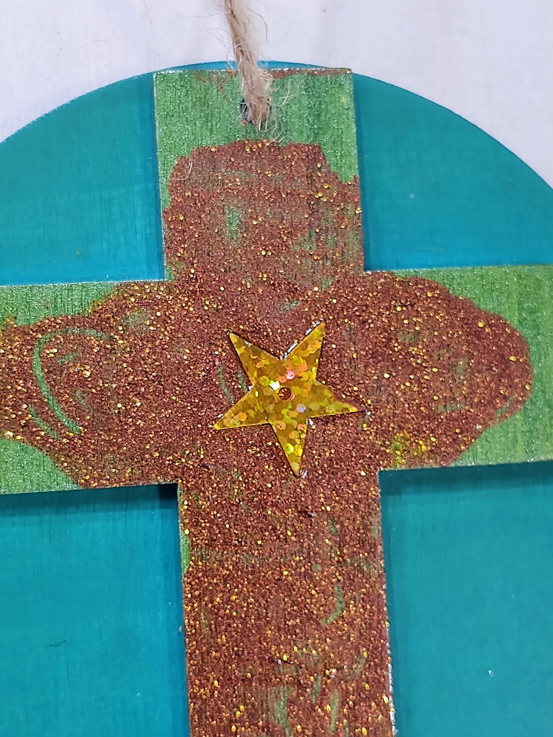 Handmade Wooden Green W/red Glitter Cross With Star on Turquoise ...