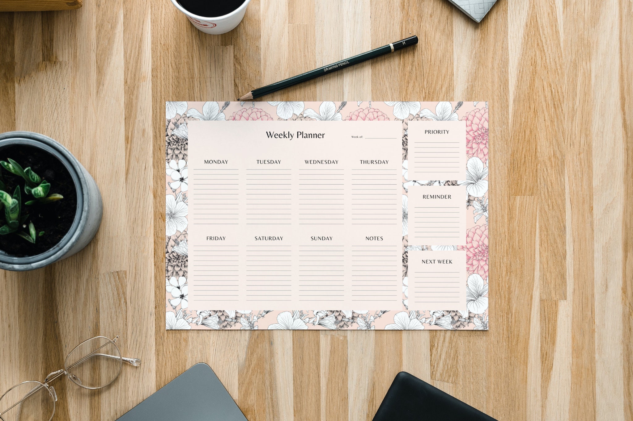 Pink Floral Printable Weekly Planner Undated Aesthetic Organizer ...