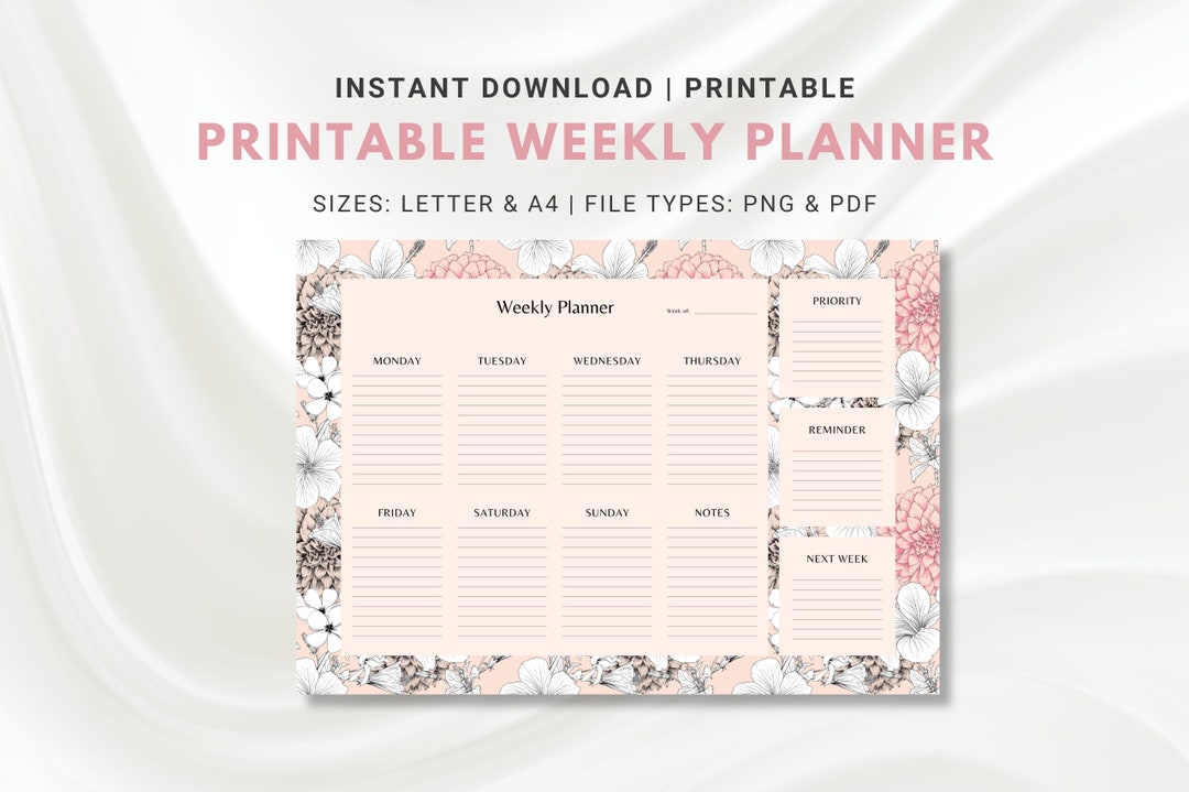 Pink Floral Printable Weekly Planner Undated Aesthetic Organizer ...