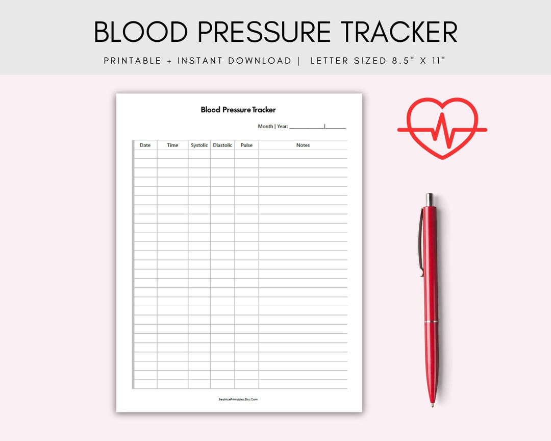 Blood Pressure Tracker Printable, Daily Blood Pressure Log, Medical ...