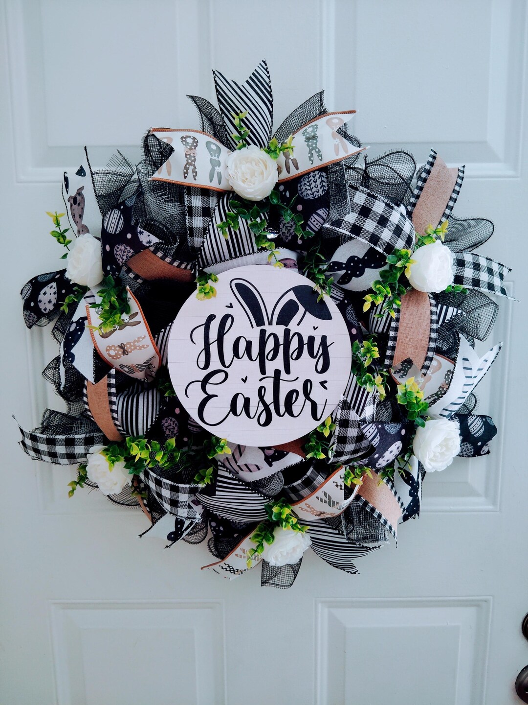 Black & White Buffalo Check Deco Mesh and Ribbon Happy Easter Wreath ...