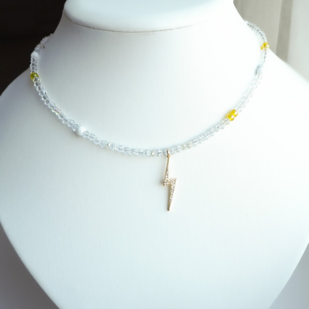 Gold Lightning Bolt Necklace, 18k Gold Lightning, Beaded Necklace ...
