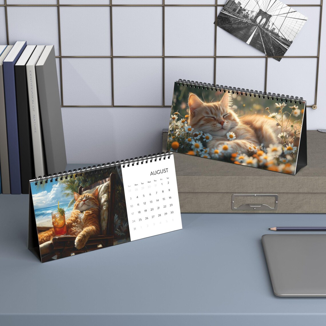 Desktop Cat Calendar (2025 Grid) - Monthly Cat Illustrations, Cat Lover ...