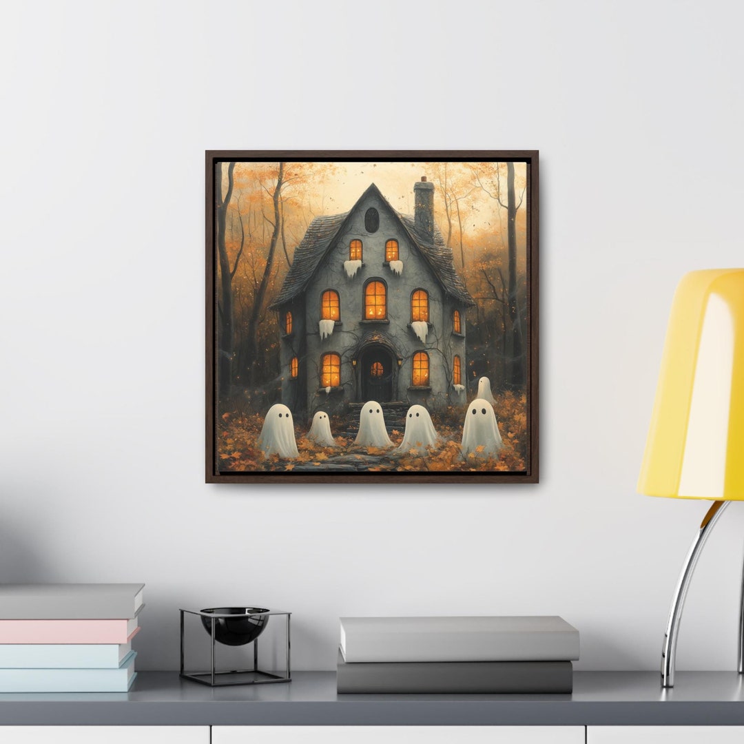 Spooky Halloween House Square Frame Canvas Wrap, Autumn Ghosts Wall Art ...