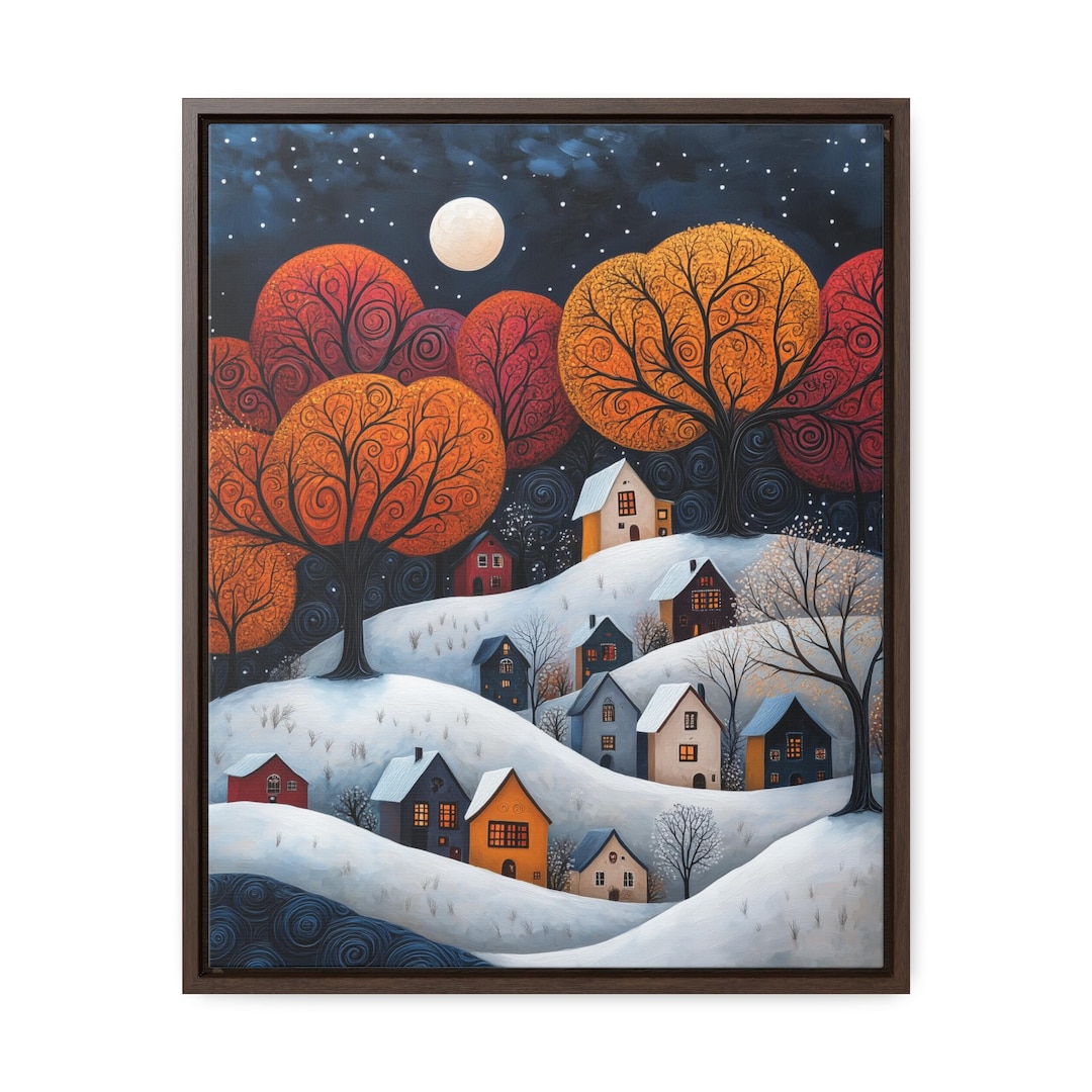 Christmas Folk Art Snowy Village Wall Art - Matte Vertical Poster ...