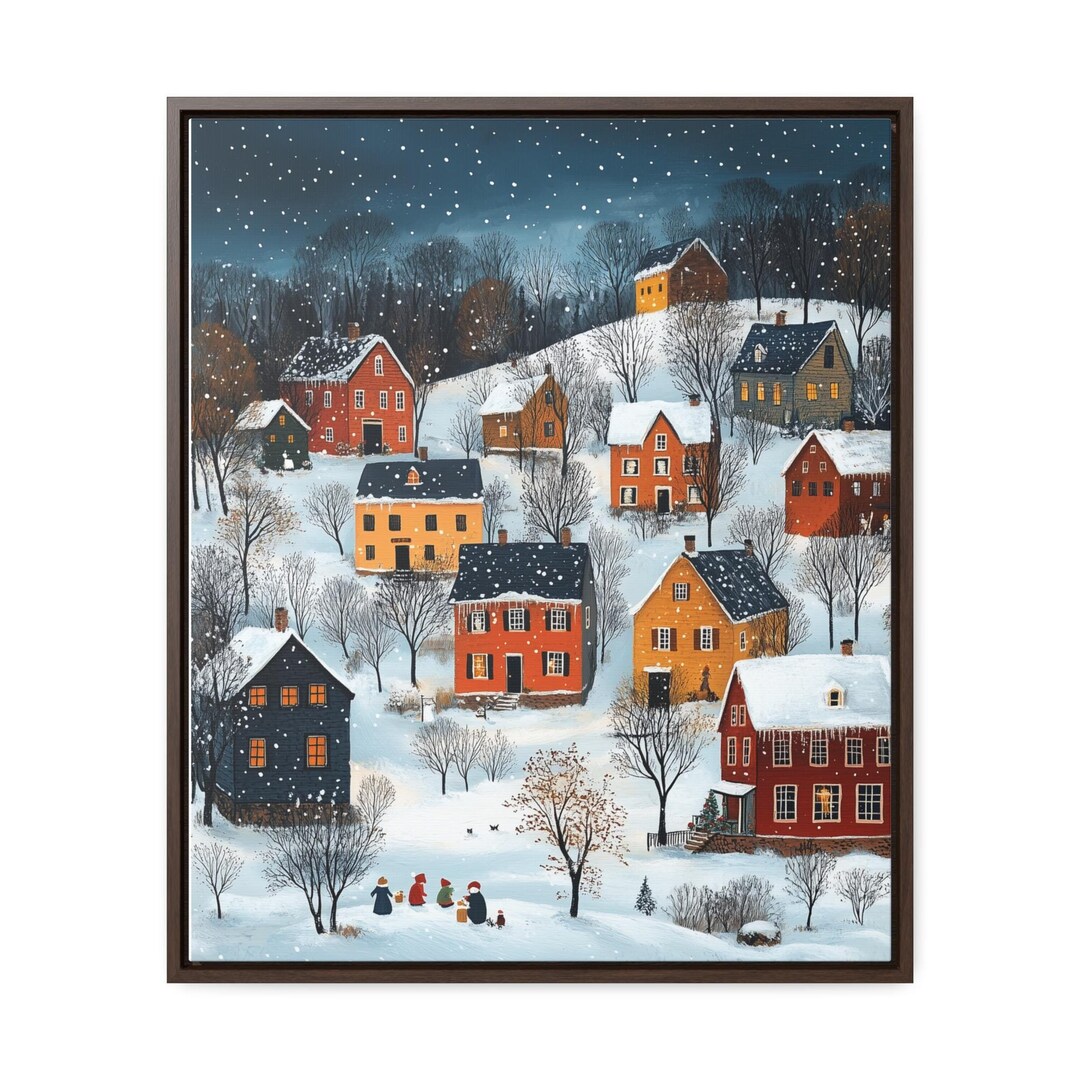 Christmas Folk Art Snowy Village Wall Art - Matte Vertical Poster ...