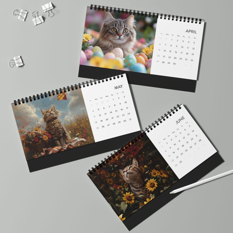 Desktop Cat Calendar (2025 Grid) - Monthly Cat Illustrations, Cat Lover ...