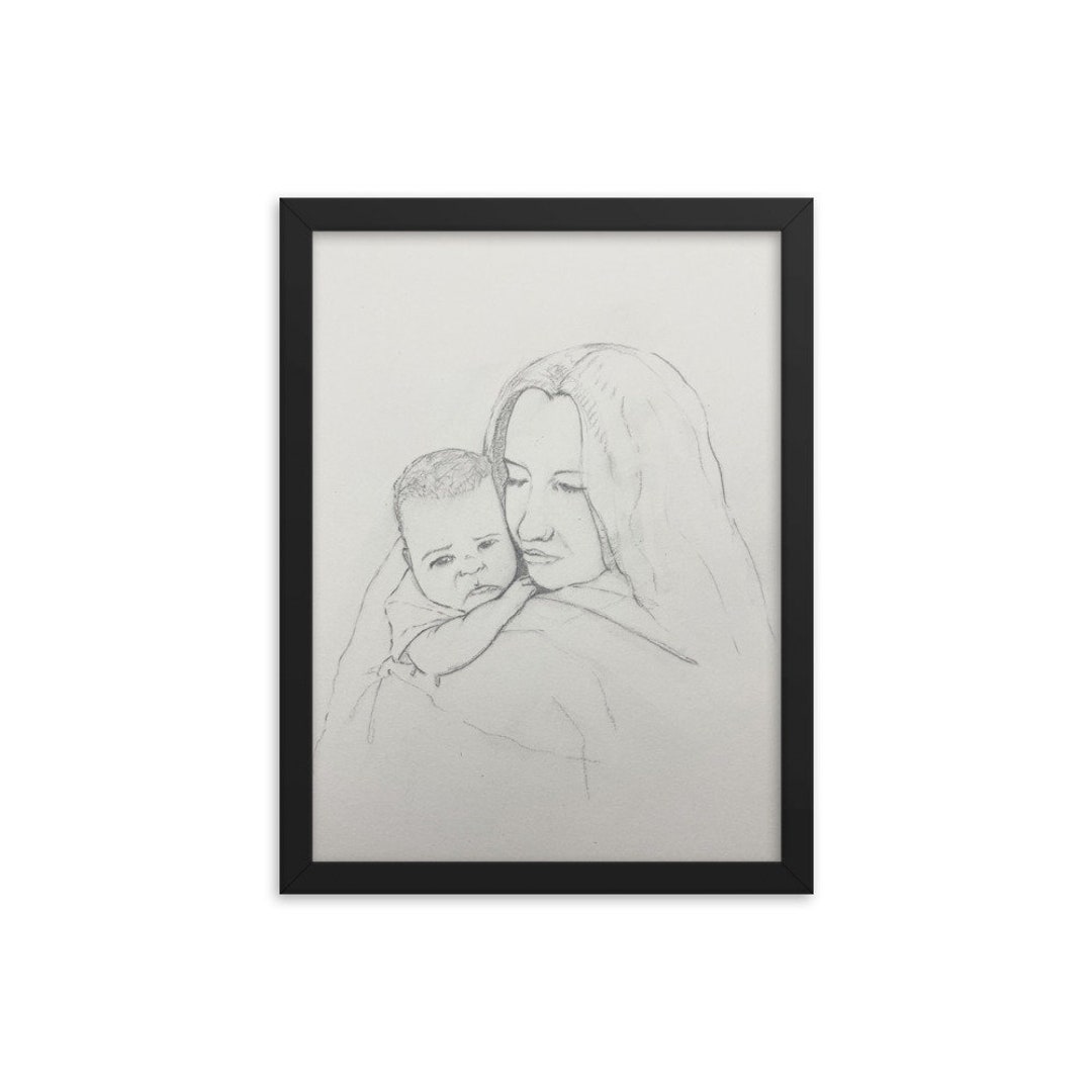 Framed Figurative Print Figurative Line Drawing Mother and Baby Simple ...