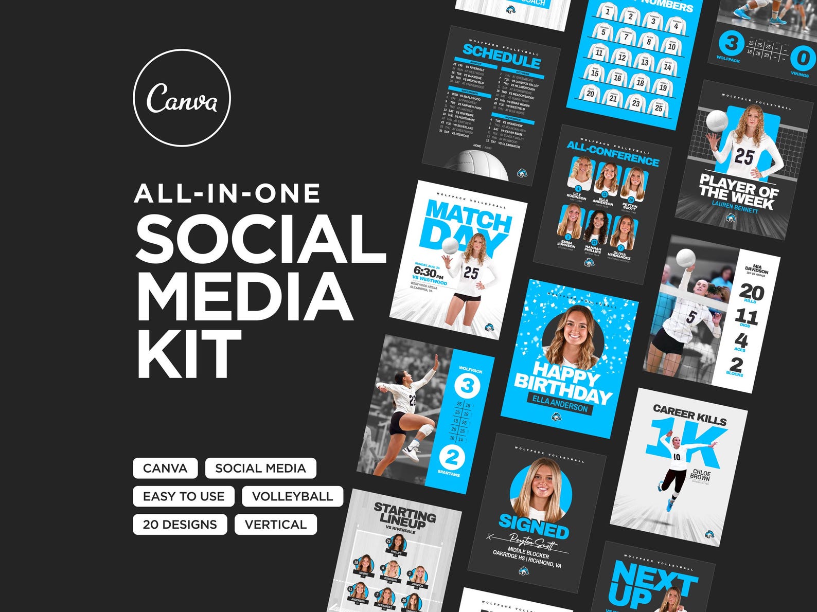 Sports Team Canva Templates - 20 Social Media Graphics for Volleyball ...