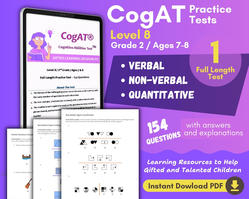 Gifted Learning Cogat Full Length Practice Test Downloadable PDF, Grade ...