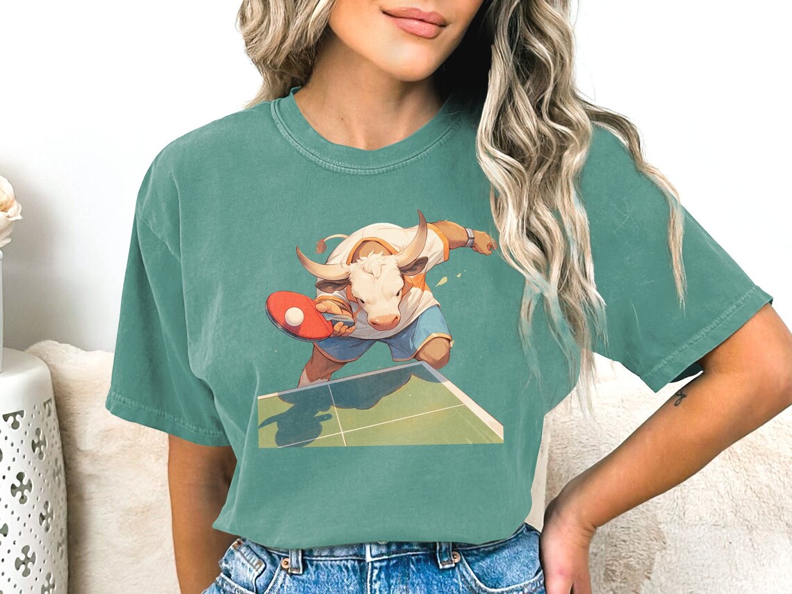 Bull Playing Table Tennis Graphic T-shirt, Unisex Ping Pong Tee, Sporty ...