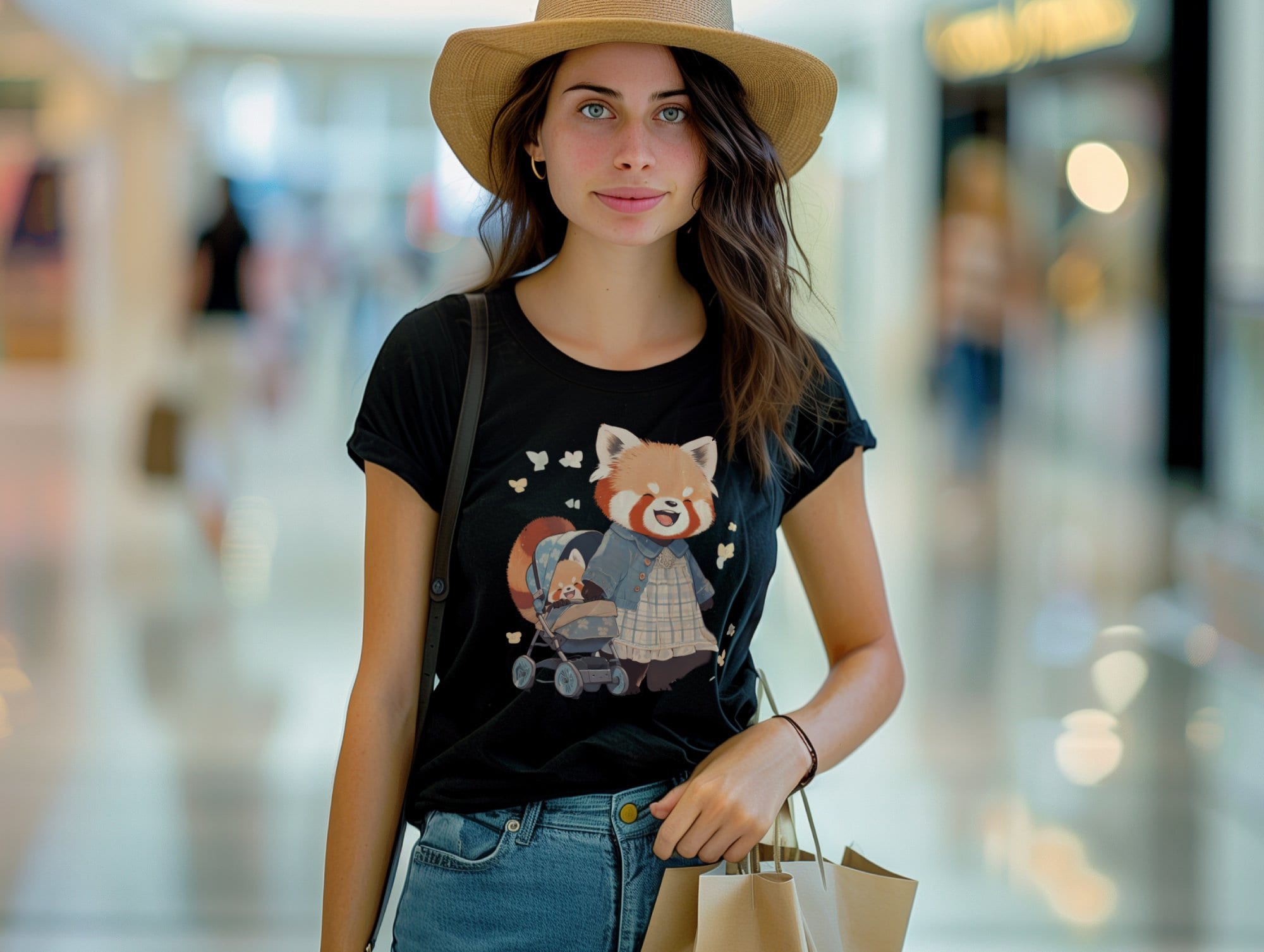 Jumbo Print Red Panda Mother Daughter T-shirt, Mom Panda With Stroller Design Tee, Perfect ...