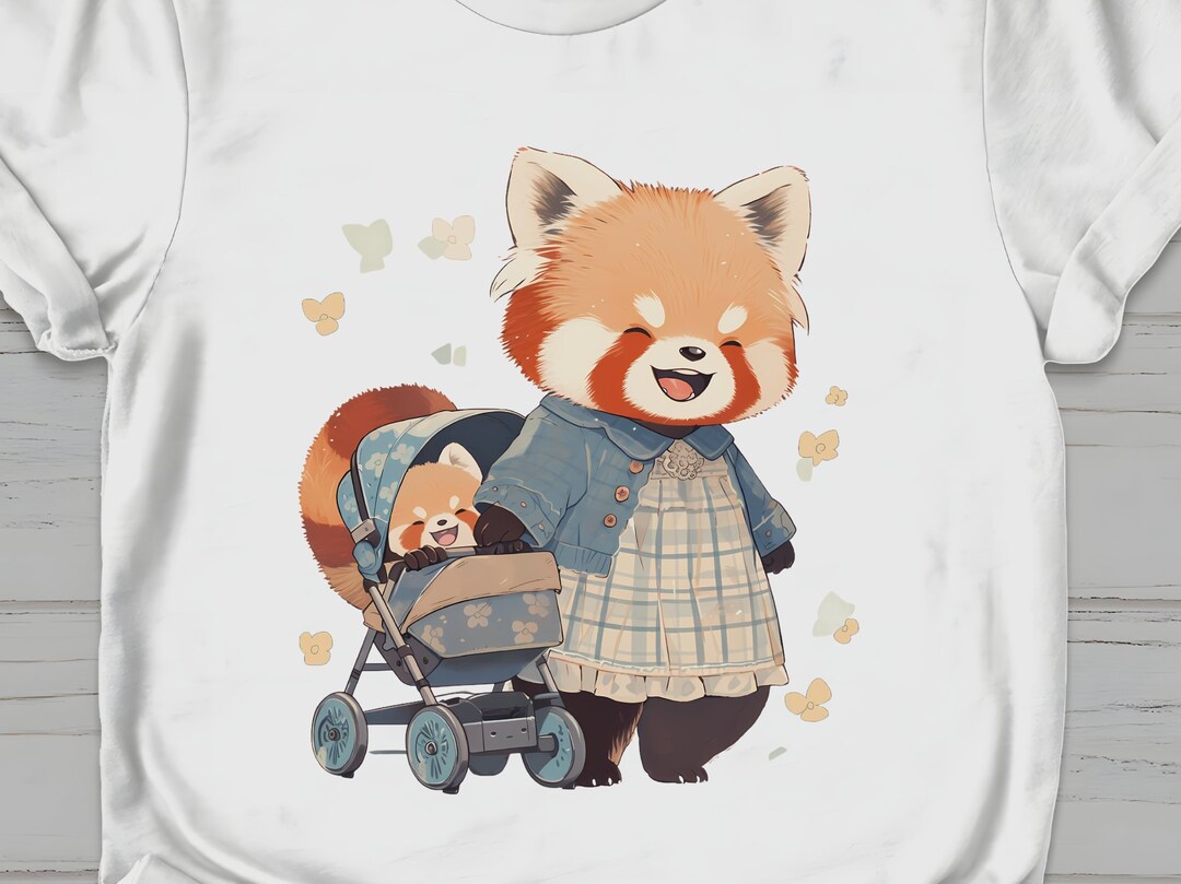 Jumbo Print Red Panda Mother Daughter T-shirt, Mom Panda With Stroller ...
