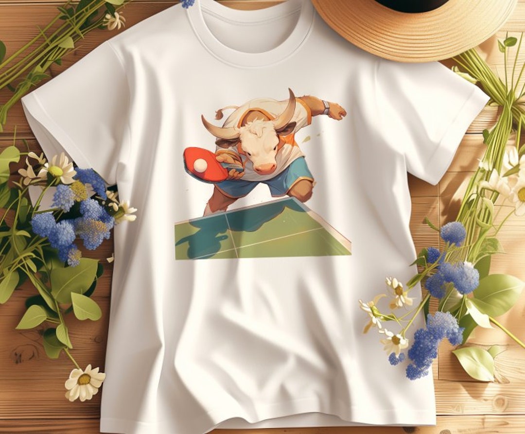Bull Playing Table Tennis Graphic T-shirt, Unisex Ping Pong Tee, Sporty ...
