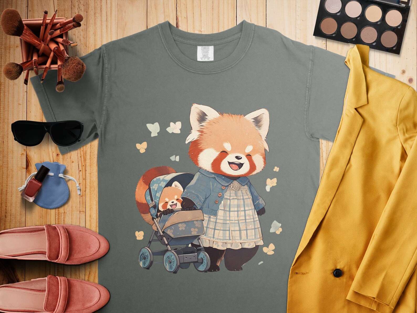 Jumbo Print Red Panda Mother Daughter T-shirt, Mom Panda With Stroller ...