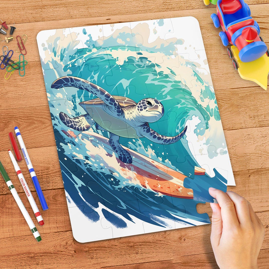 Surfing Turtle Puzzle, Sea Turtle Riding Waves Jigsaw, Ocean Animal ...