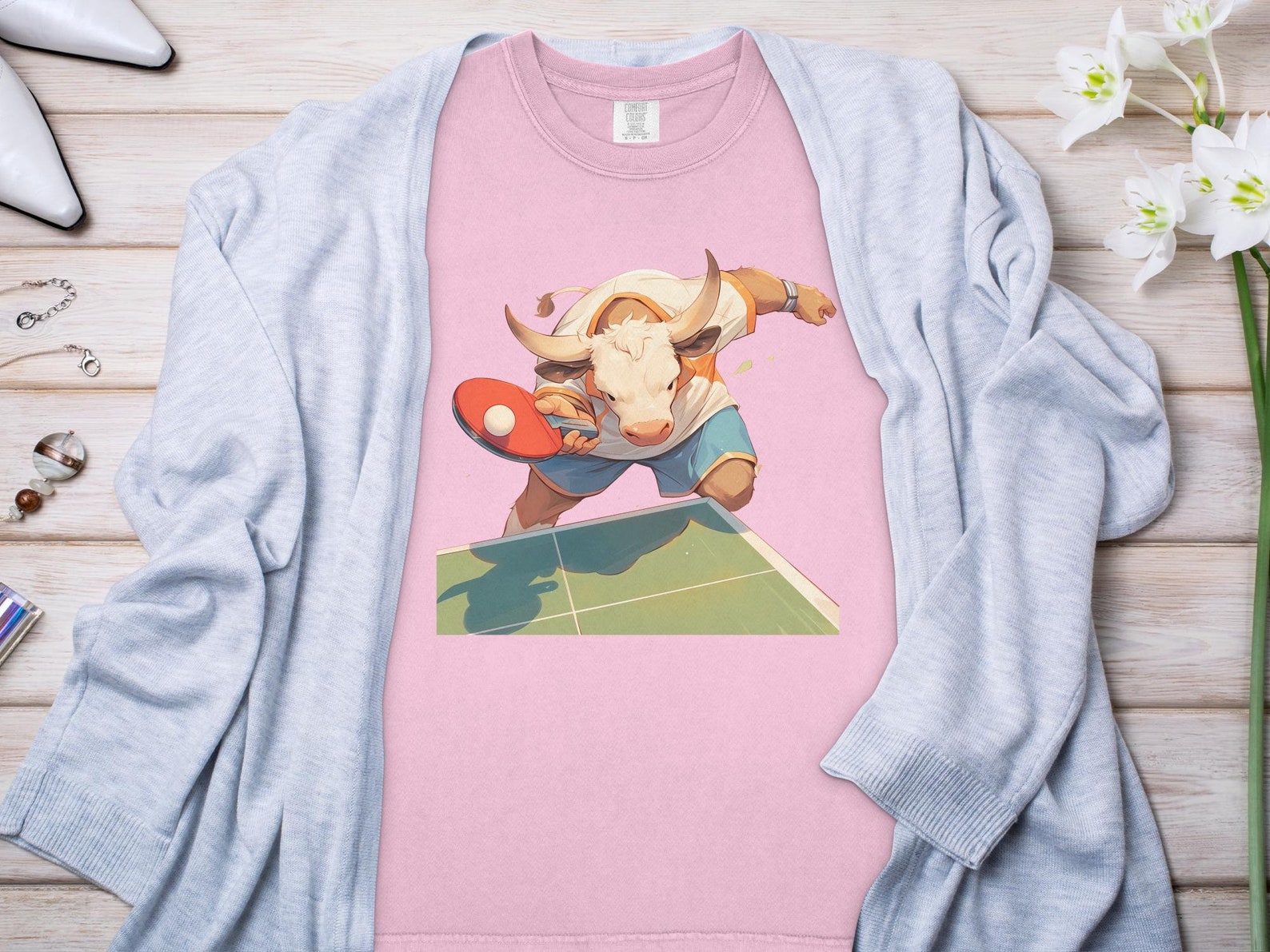 Bull Playing Table Tennis Graphic T-shirt, Unisex Ping Pong Tee, Sporty ...