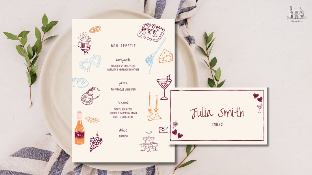 MENU + PLACE CARD Template | Hand Drawn, Colourful, Scribble ...