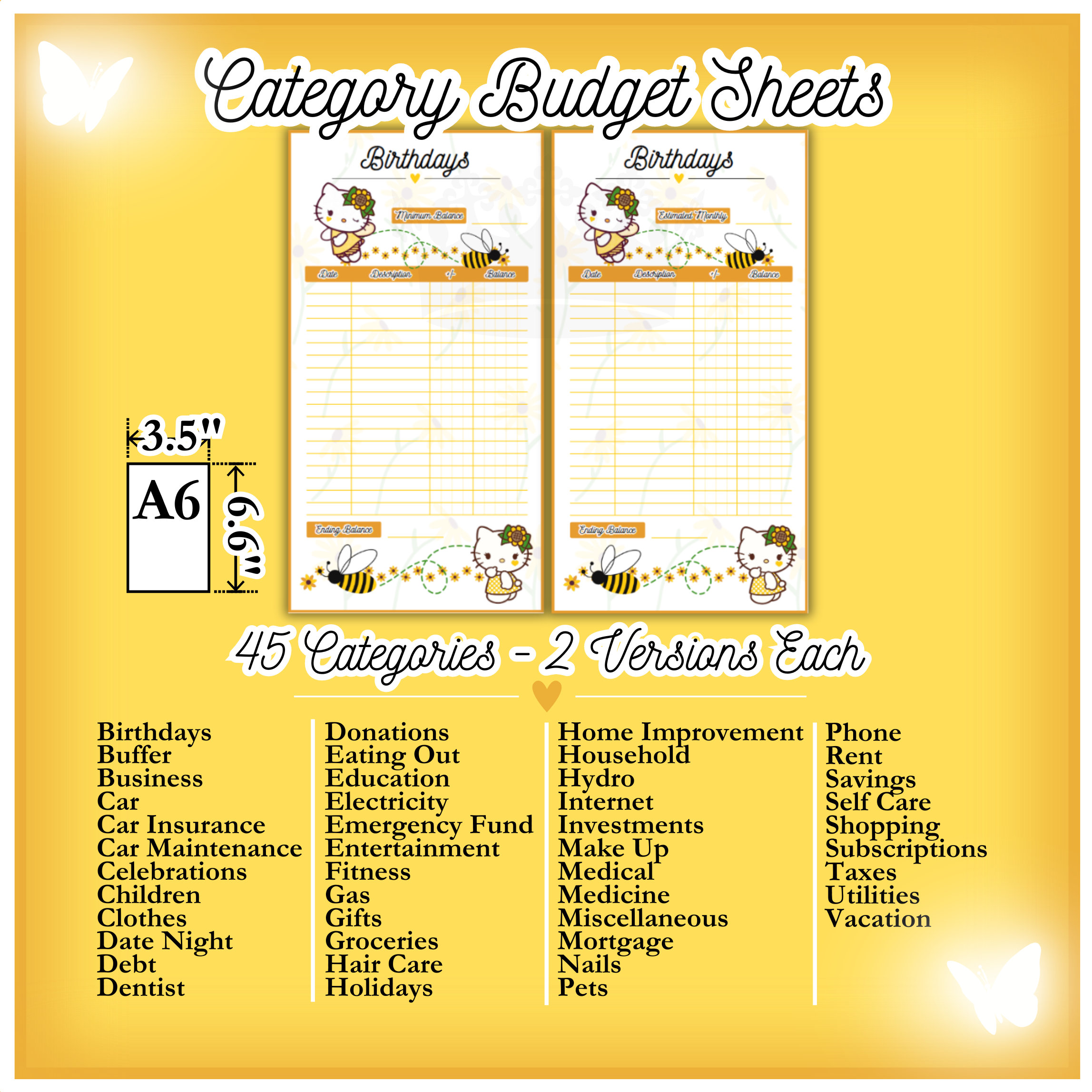 Kitty Sunflower Bee Budget Basics Bundle | Dashboards, Budget Sheet Set ...