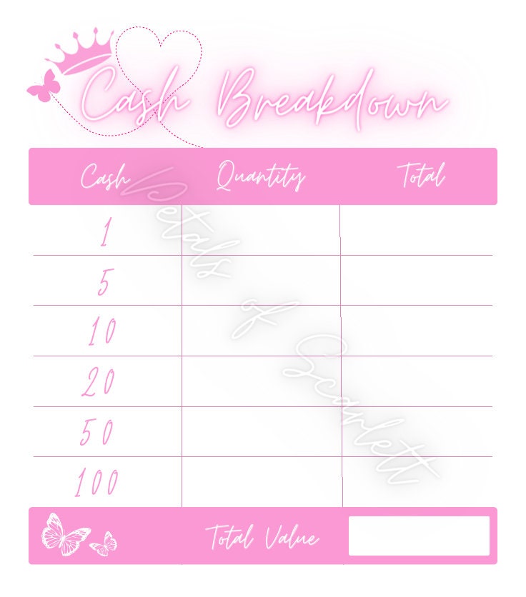Butterfly Queen Pink Cash Breakdown Slip Bundle Cash Counting and Bank ...