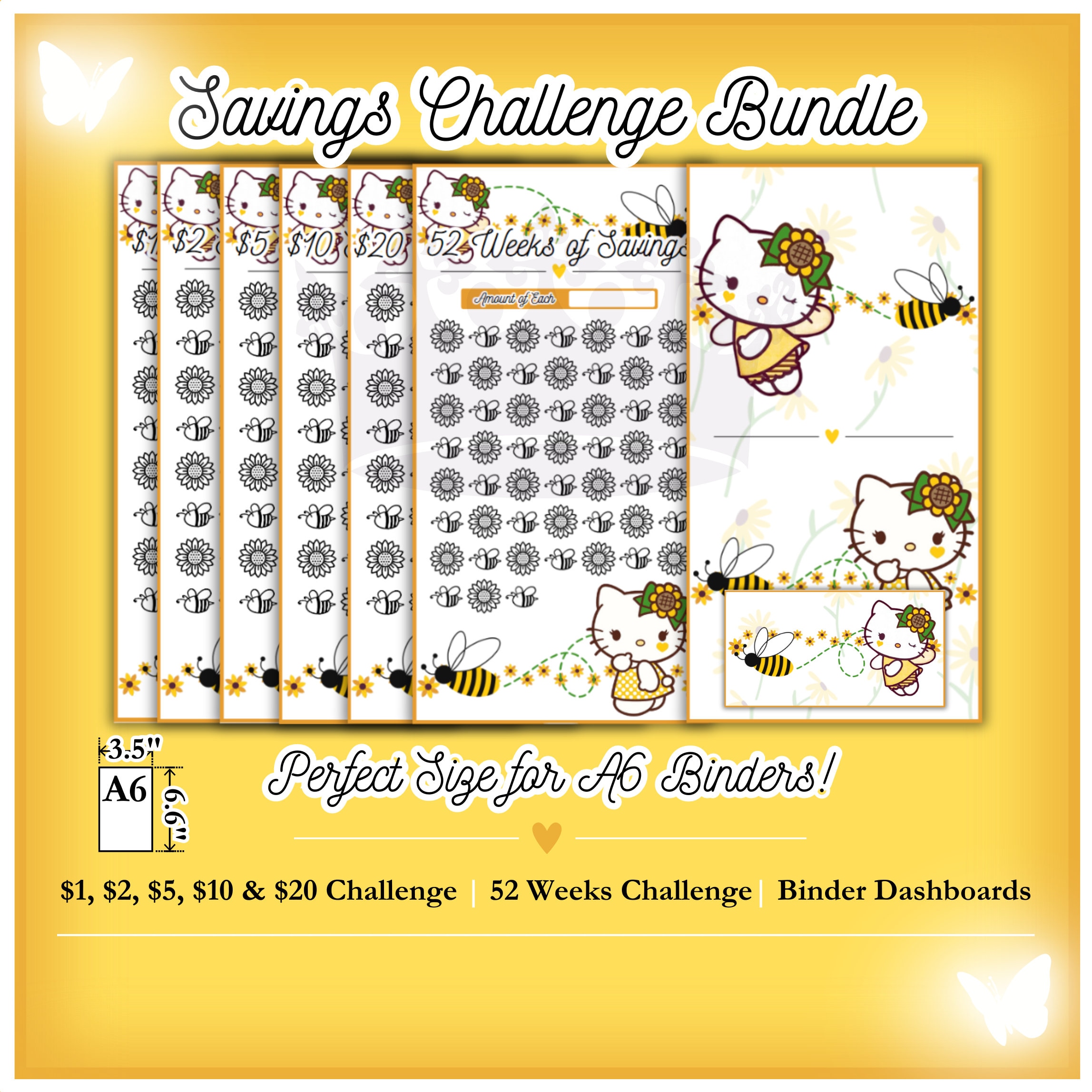 Kitty Sunflower Bee Budget Basics Bundle | Dashboards, Budget Sheet Set, Prop Cash, Cash Slips ...
