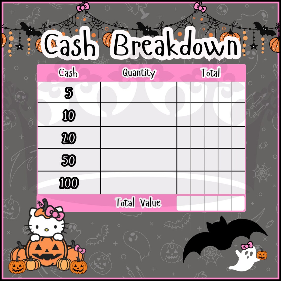 Spooky Kitty Cash Breakdown Set | IOU, Custom, USD, CAD, All Currencies ...