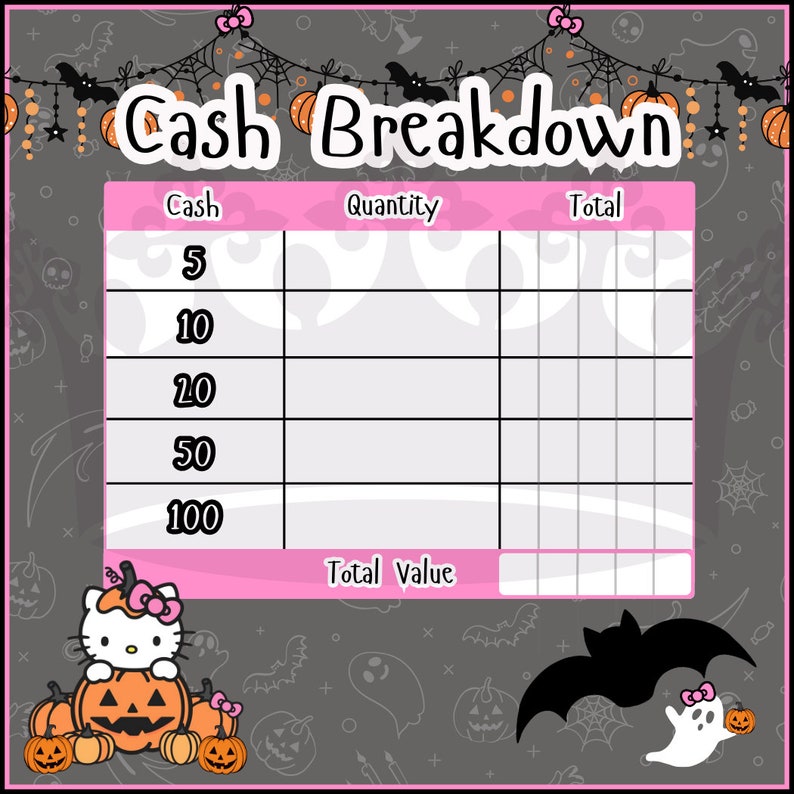 Spooky Kitty Cash Breakdown Set | IOU, Custom, USD, CAD, All Currencies ...