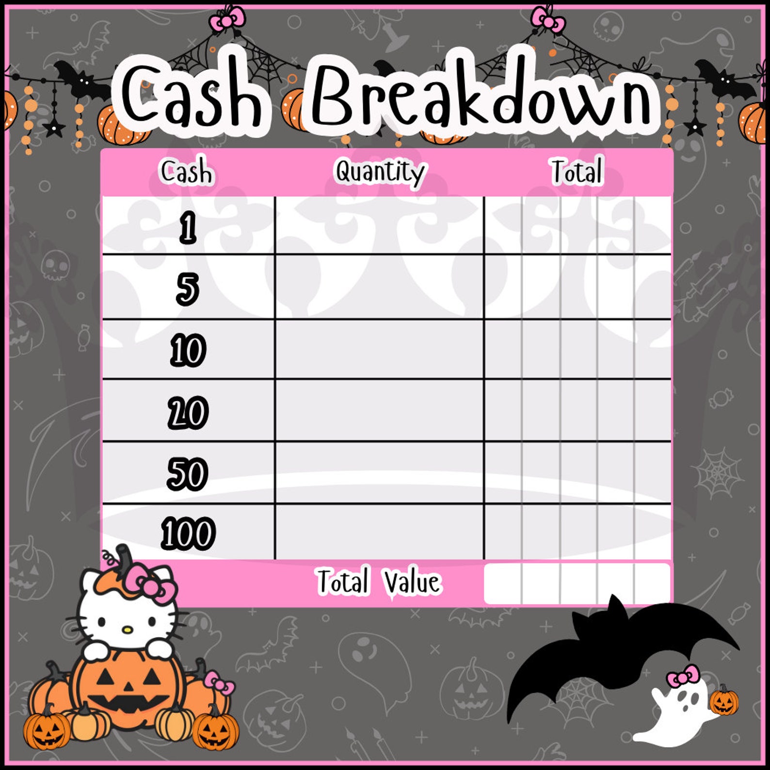 Spooky Kitty Cash Breakdown Set | IOU, Custom, USD, CAD, All Currencies ...