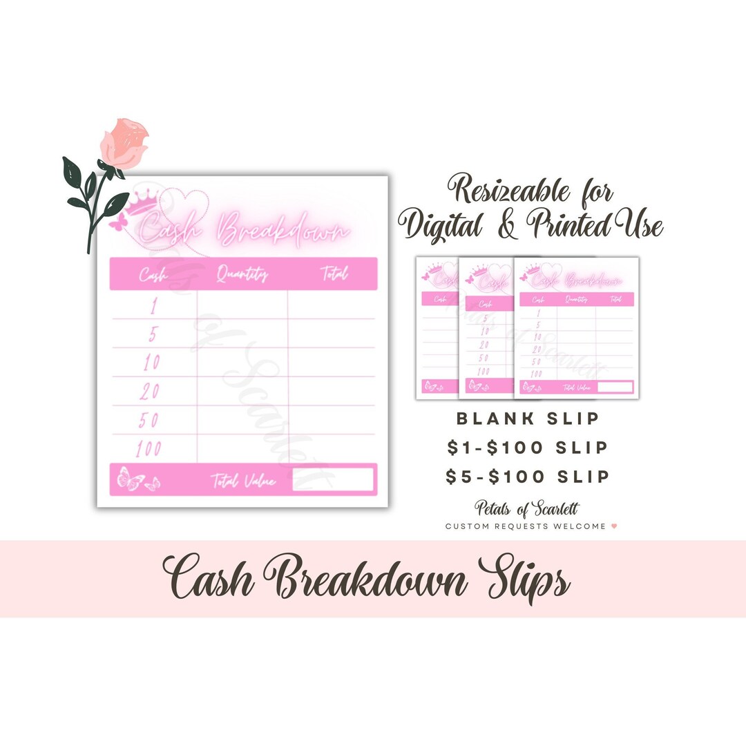 Butterfly Queen Pink Cash Breakdown Slip Bundle Cash Counting and Bank ...