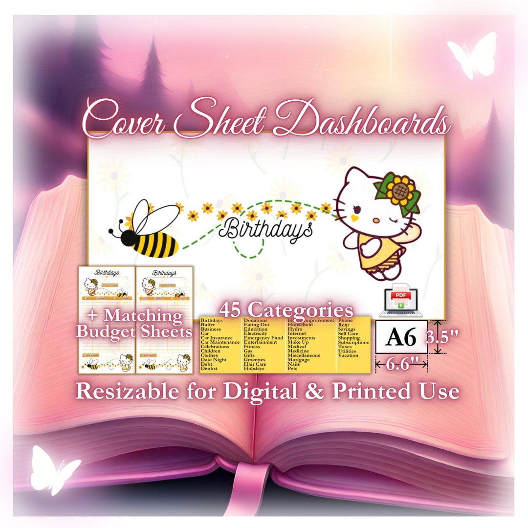 Kitty Sunflower Bee Binder Dashboard Cover Sheets | 45 Cute Cat A6 ...